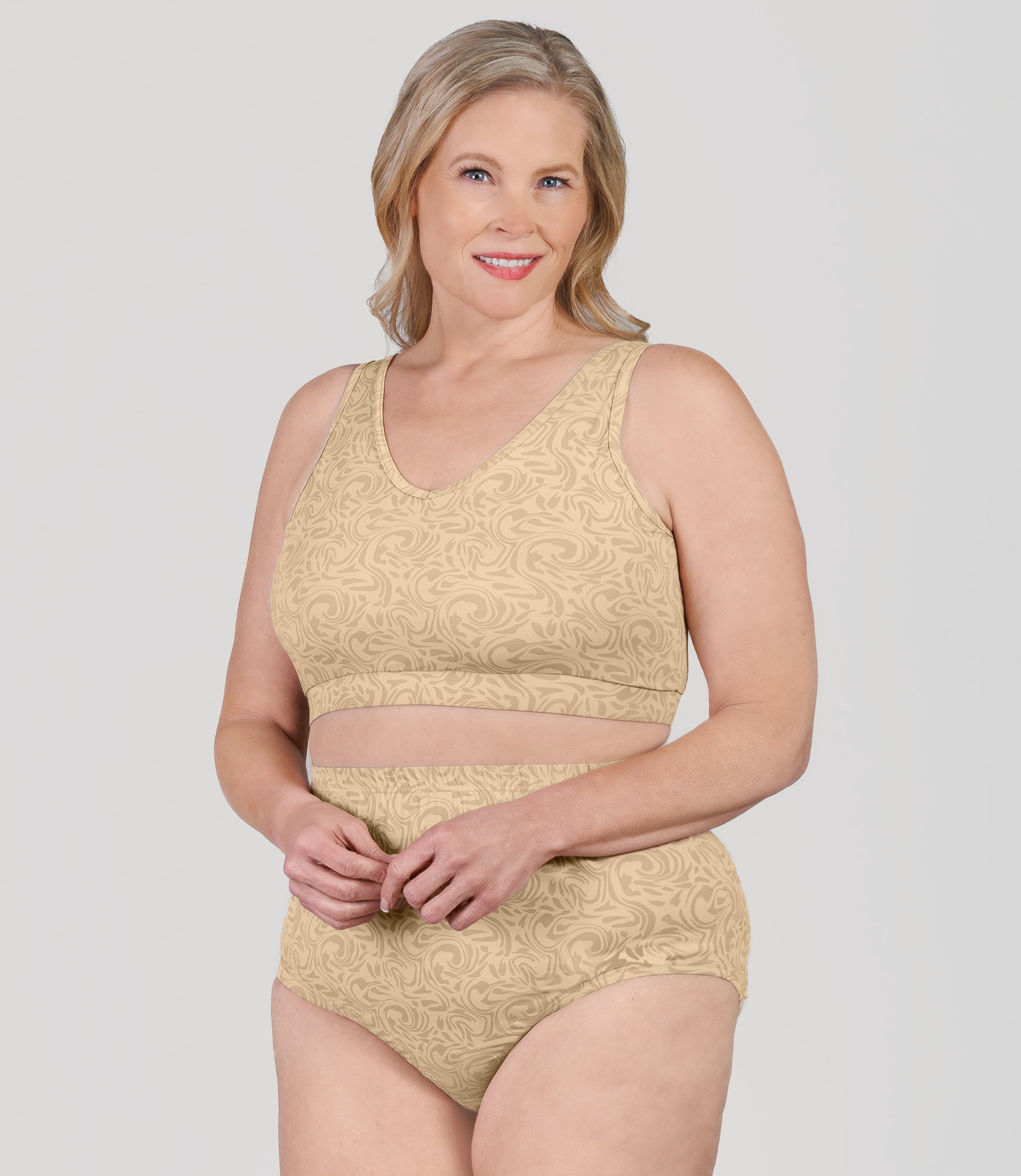 Junowear Hush V-neck Bra Ecru Swirl Print | JunoActive plus size bra