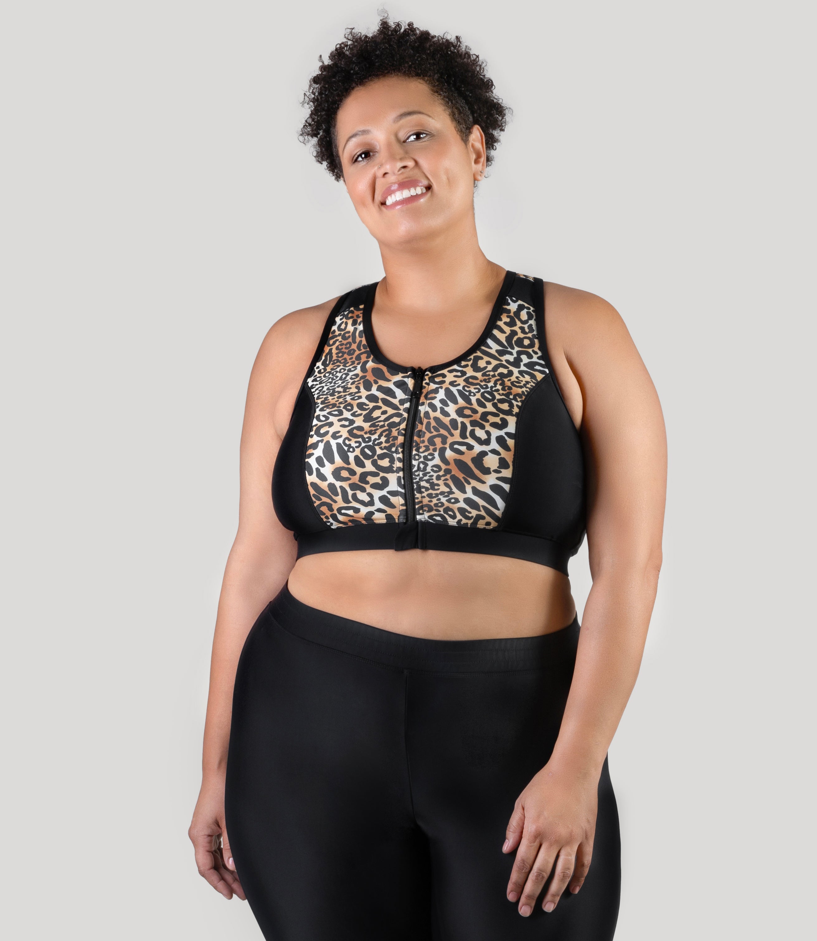 QuikEnergy Zip Front Swim Bra Leopard Print Black | JunoActive Plus ...