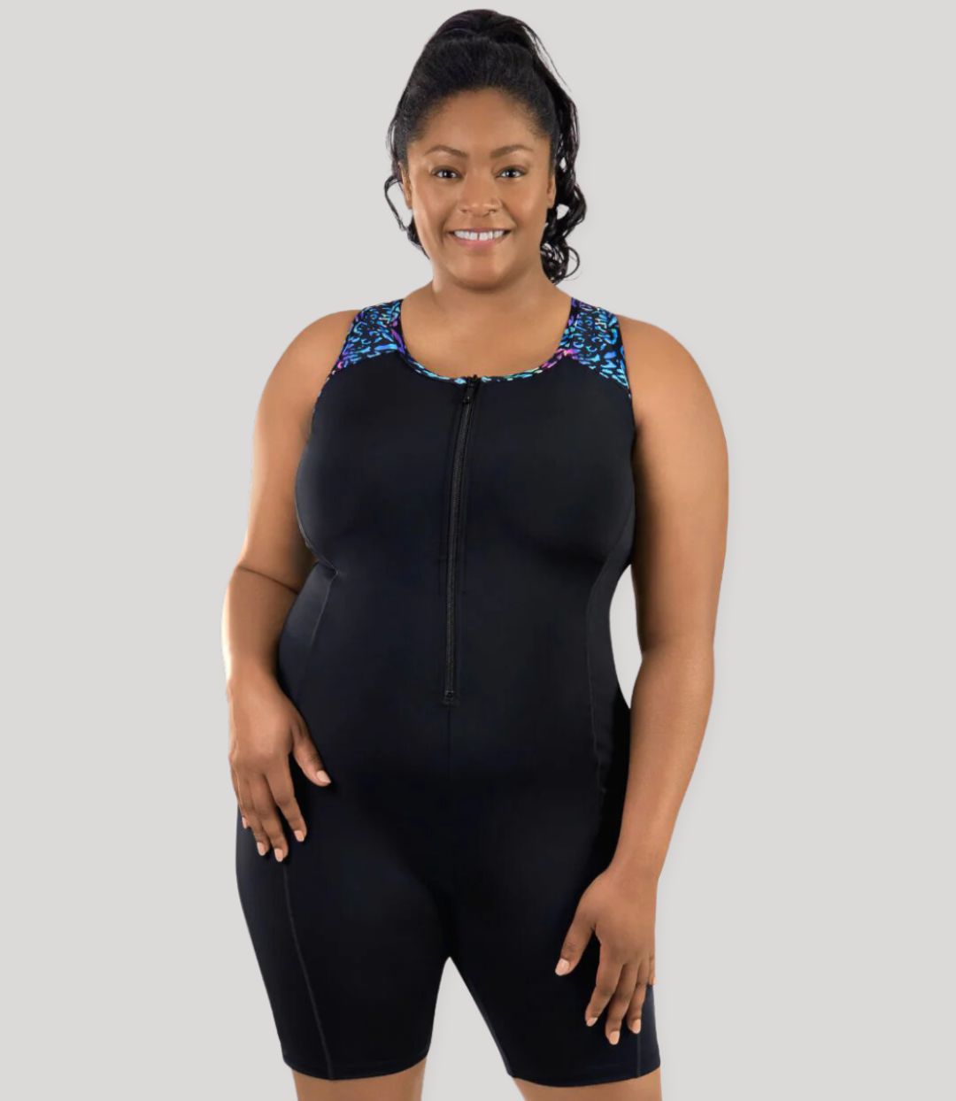 QuikEnergy Racerback Zip Front Plus Size Aquatard in Coral Reef Black ...