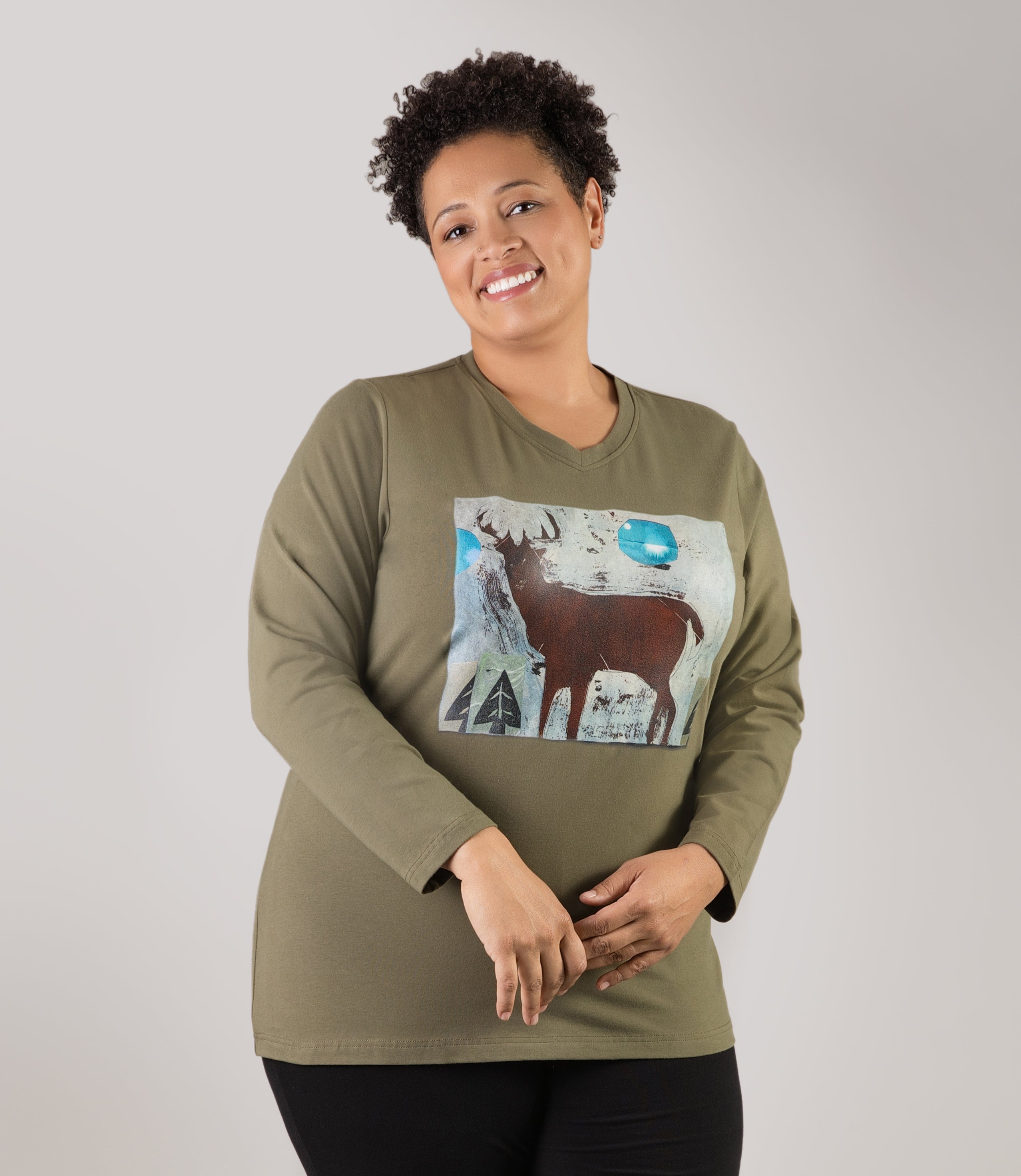 Stretch Naturals Long Sleeve V-Neck Top Twilight Forest | JunoActive ...